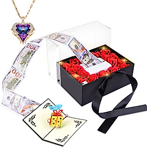 Money Pull Out Gift Box - Roses Gift Box with Necklace, Luxury Money Pull Out Flower Box for Girlfriend Wife Mom Grandma, Unique Cash Gift Box for Anniversary, Birthday(18 Roses)