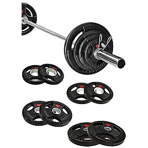 Signature Fitness Cast Iron Olympic 2-Inch Weight Plates Including 7FT Olympic Barbell, 130-Pound Set (85 Pounds Plates + 45 Pounds Barbell), Multiple Packages, Rubber Coated Style
