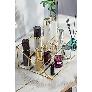 FSyueyun Gold Makeup Organizer Case Vanity, 3 Layers Glass Makeup Storage Cosmetics Organizer Jewelry Box Earring Ring Holder Display Case