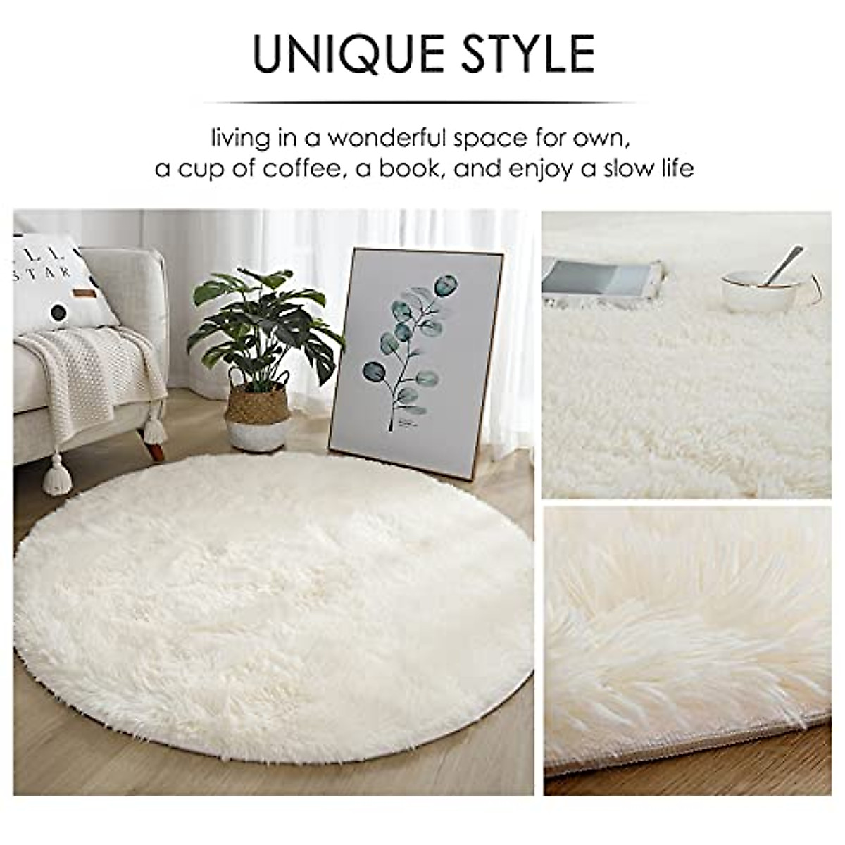 MIEMIE 6x6 Soft White Round Area Rug for Bedroom Modern Fluffy Circle Rug for Kids Girls Baby Room Indoor Plush Circular Nursery Rugs Cute Cozy Area Rugs for Living Room