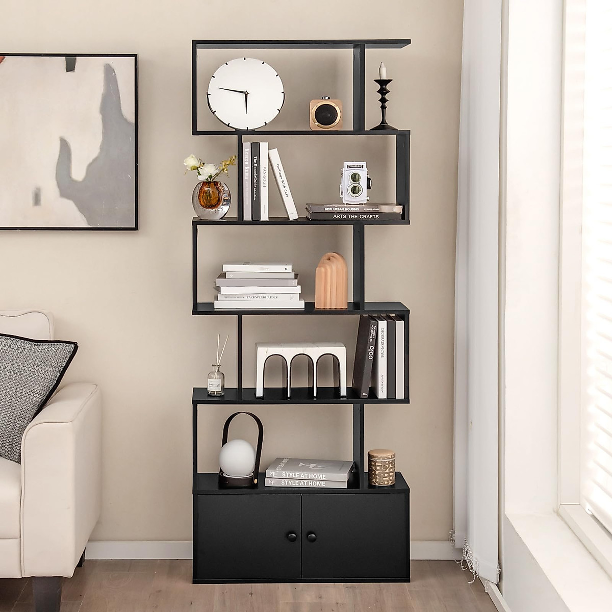 Giantex 6-Tier Bookshelf with Cabinet, Freestanding Tall Bookcase w/Anti-Tipping Device, Home Storage Organizer, Geometric S-Shaped Display Shelf for Study Room, Bedroom, Living Room, Office, Black