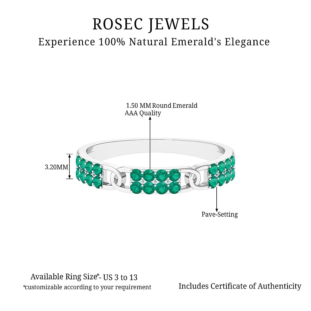 Rosec Jewels Certified Natural Emerald Half Eternity Band for Women, AAA Quality, Emerald Anniversary Ring - Ready to Gift, 14K White Gold, Size:US 7.50