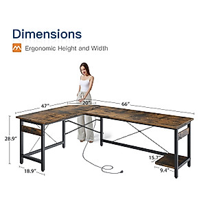 Coleshome 66" L Shaped Gaming Desk with Outlet, L Shaped Desk with CPU Stand, Corner Computer Desk, Home Office Desk, Writing Desk, Vintage
