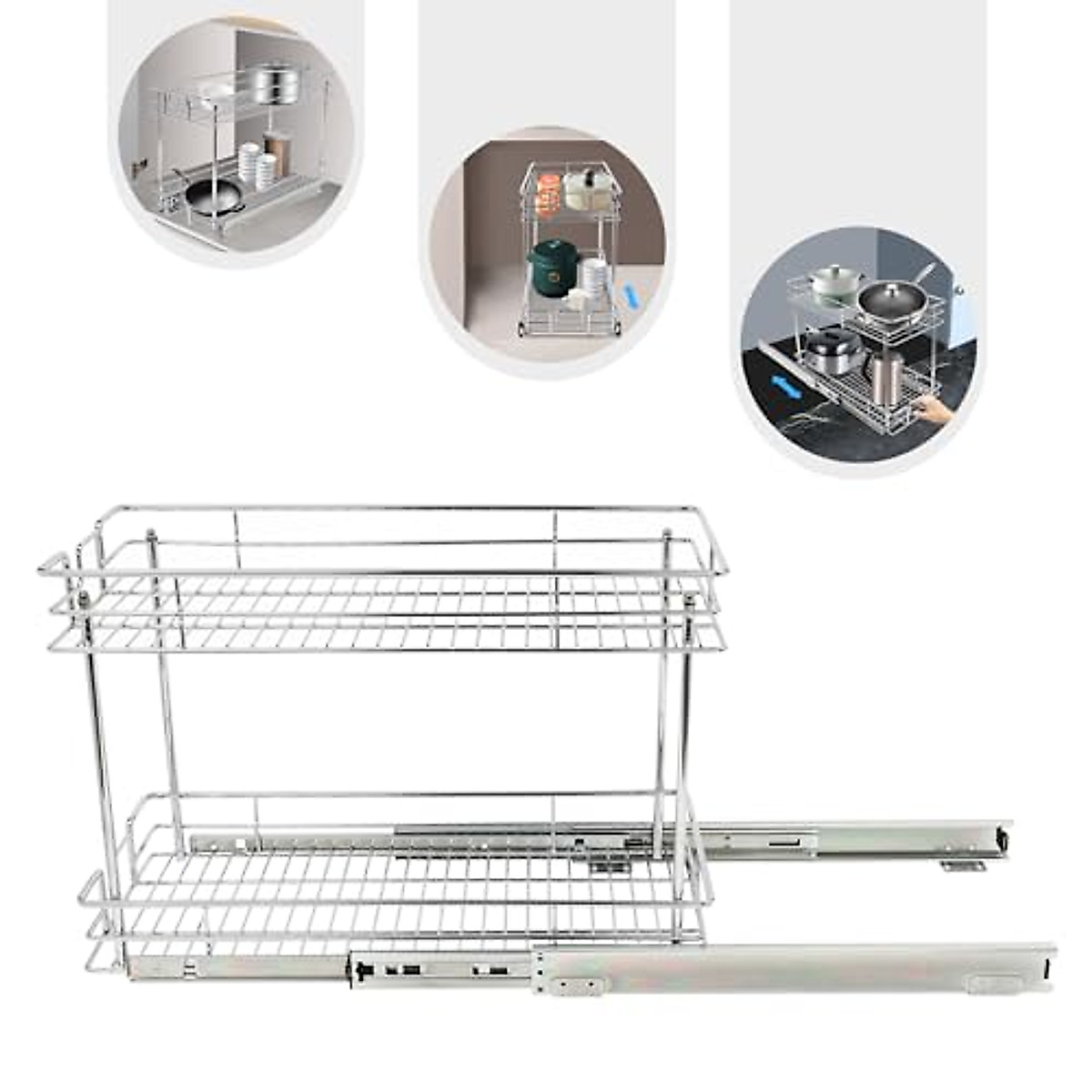 Pull Out Cabinet Organizer, 2-Tier Cabinet Pull Out Shelves Kitchen Cabinet Organizer Storage Kitchen Cabinet Pull Out Shelf and Drawer Organizer Slide Out Drawer Pantry Shelf (Silver, 10.5x21.5in)