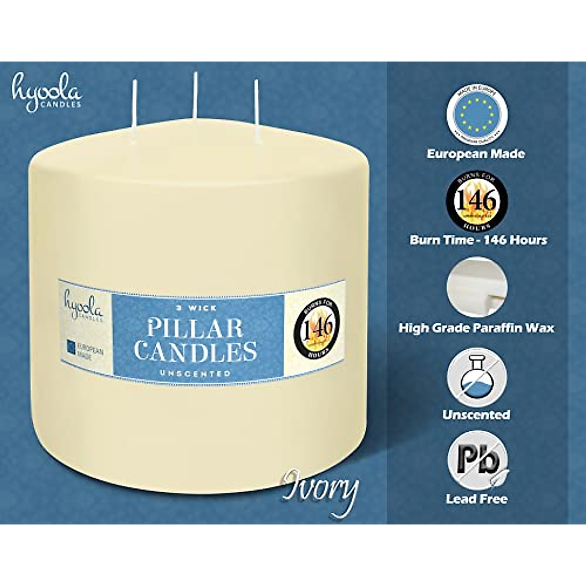 HYOOLA Ivory Three Wick Large Candle - 6 x 6 Inch - Unscented Big Pillar Candles - 146 Hour - European Made