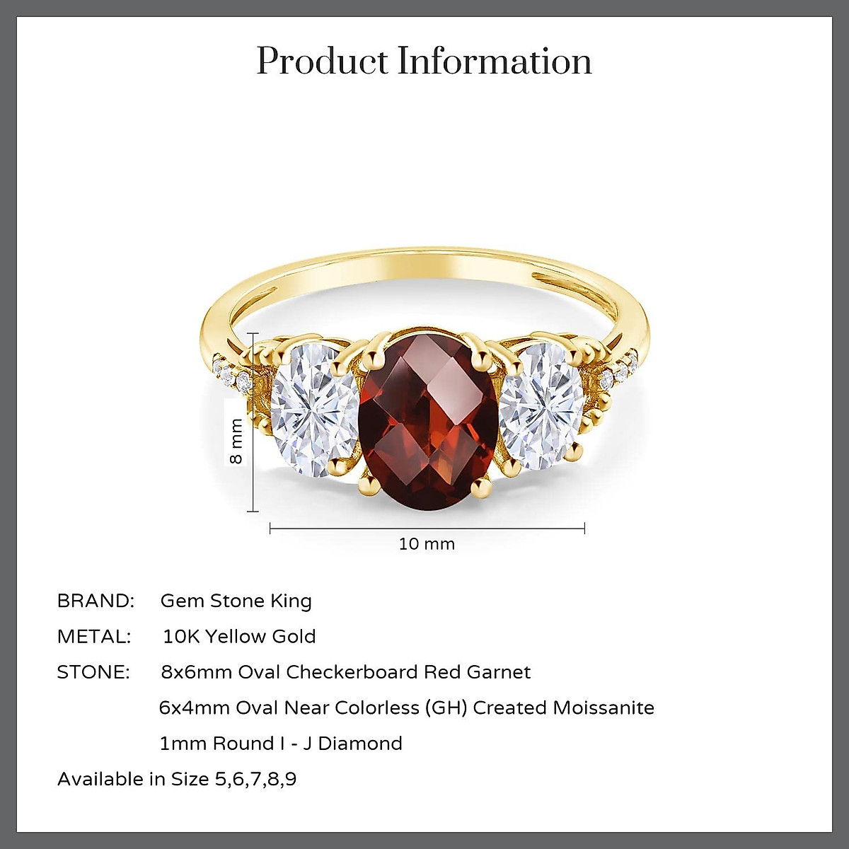Gem Stone King 10K Yellow Gold Red Garnet White Moissanite and Diamond Accent 3-Stone Engagement Ring For Women | 2.58 Cttw | Gemstone Birthstone | Size 5,6,7,8,9