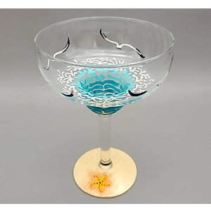 Beach Margarita Glass - Hand Painted - Sea, Waves, Seagulls, Starfish, Sea Turtle, Shell, Sand, Summer