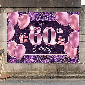 PAKBOOM Happy 60th Birthday Banner Backdrop - 60 Birthday Party Decorations Supplies for Women - Pink Purple Gold 4 x 6ft