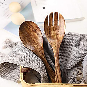 Salad Tongs, Salad Servers, Salad Tongs for Serving, AOOSY 10.2 inches Acacia Wood Serving Utensils Set Salad Mixing Dinner Fork and Spoon Long Handle Salad Server Set Kitchen Cooking Utensil