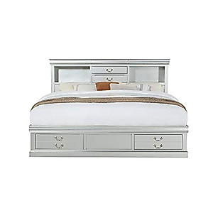 BOWERY HILL Contemporary Queen Bed with Bookcase Headboard and Storage Drawers in Platinum