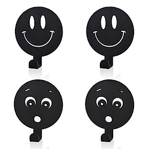 CatTerranM Self Adhesive Towel Hooks, Facial Emotion Wall Hangers, Metal Bath Towel Hanging Hooks, Black Metal Adhesive Wall Hooks for Bathroom Kitchen Keys Hats Coats Robes (4-Pack)