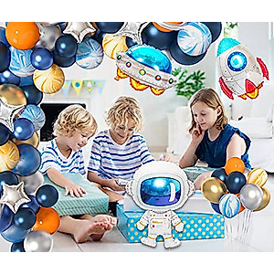 Ouddy Party 112PCS Outer Space Party Decorations Balloon Garland Kit, Space Birthday Party Supplies UFO Rocket Astronaut Navy Blue Silver Foil Latex Balloons for Boys Kids