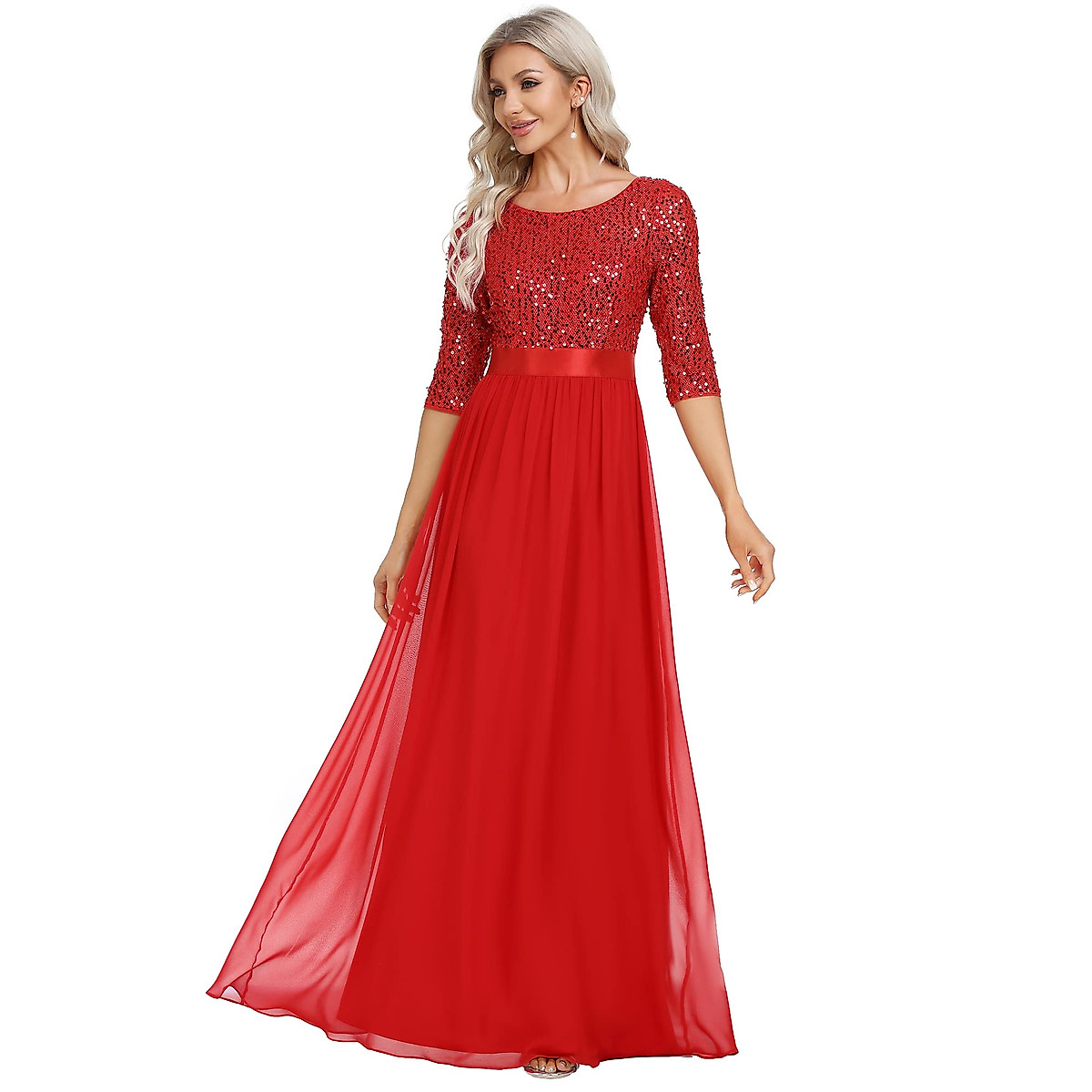 Ever-Pretty Women's Elegant A Line Crew Neck Half Sleeve Sequin Maxi Evening Dress Red US10