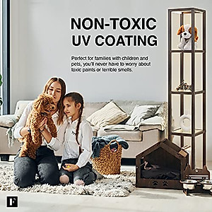 FENLO Fantasy 66" Luxury Glass Display Shelf with Dimmable LED Floor Lamps, Sturdy Glass Shelves for Bedroom, Curio Cabinet with Glass Bookshelf Display Case, Floor Lamp with Shelves - Brown