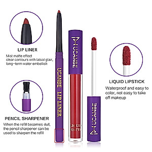 UCANBE 13pcs Lady's Night Lipstick Makeup Set, 6 Velvety Matte Liquid Lipsticks + 6 Matching Smooth Lipliner Pencil + 1 Moisturizing Lip Gloss Primer, Waterproof Long Lasting Lip Make Up Gift Kit