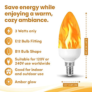 Flame Effect Chandelier LED Fire Candle Light Bulb Flaming Flicker E12 Candelabra Base Shape Novelty Lighting B11 Replacement Bulbs 12mm Diameter Fitting, 110MM / 4.25" Total Length 120V - 3 Pack