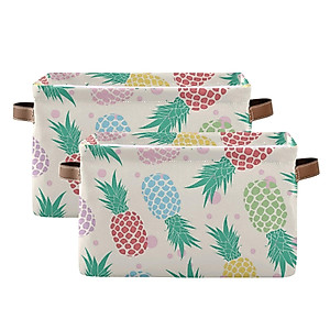 susiyo Large Foldable Storage Bin Colorful Pineapples Fabric Storage Baskets Collapsible Decorative Baskets Organizing Basket Bin with PU Handles for Shelves Home Closet Bedroom Living Room-2Pack