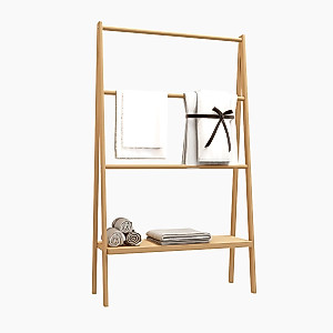 BOYANG Bathroom Standing Shelves Towel Rack, Bamboo Ladder Towel Rack with Storage Shelf, Bathroom Standing Shelves for Bathroom, Bedroom, Living Room, Poolside (Towel Rack)