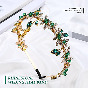 JEAIRTS Green Rhinestone Headband Gold Leaf Wedding Headpiece Bridal Crystal Hair Pieces Beaded Hair Hoop Glitter Bride Hair Accessories for Women and Girls