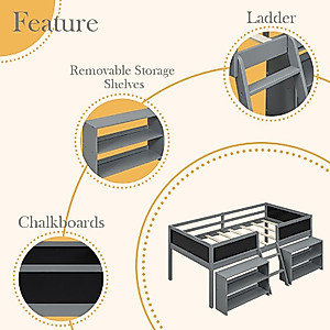 Low Loft Bed with 2 Movable Storage Shelves, Twin Size Bed Frame with Chalkboard and Ladder, Wood Loft Daybed for Kids, Boys, Girls, Teens, No Spring Box Required, Gray