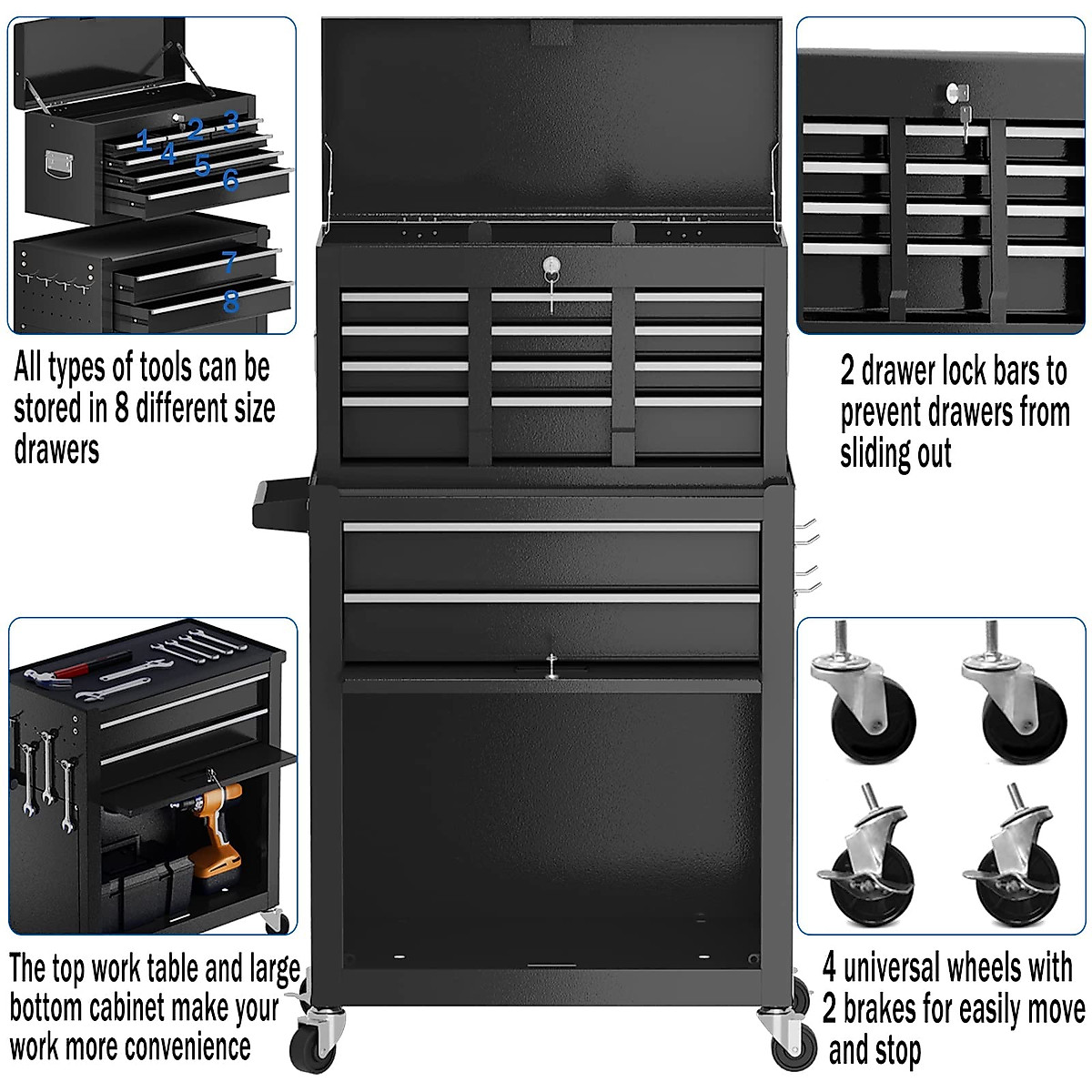 8-Drawer High Capacity Rolling Tool Box with Wheels,Rolling Tool Chest with Drawer,Tool Box on 4 Wheels with Lock, Tool Storage Cabinet Removable Portable Box for Garage Warehouse