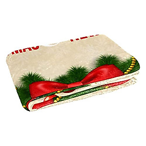 Merry Christmas Card with Red Bow Ribbon Prints Soft Warm Cozy Blanket Throw for Bed Couch Sofa Picnic Camping Beach, 150×100cm