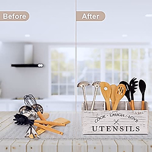 PuGez Kitchen Utensil Holder Wooden Farmhouse Utensil Holders for Countertop Rustic Utensil Holder for Kitchen Counter Wood Cooking Utensil Holder Storage Organizer for Home Decor (Wood 02)
