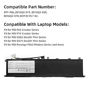 YXKC BTY-M6L Laptop Battery for MSI GS65 GS75 Stealth Thin 8SE 8SF 8SG 8RF 8RE 9RE 9SD 9SE 9SF 9SG, Modern 8RC P658SC WS65 9TM WS75 10TM, Creator 8RD 8RE P75 PS63 GS60 Series MS-16Q2 MS-16Q3 15.2V