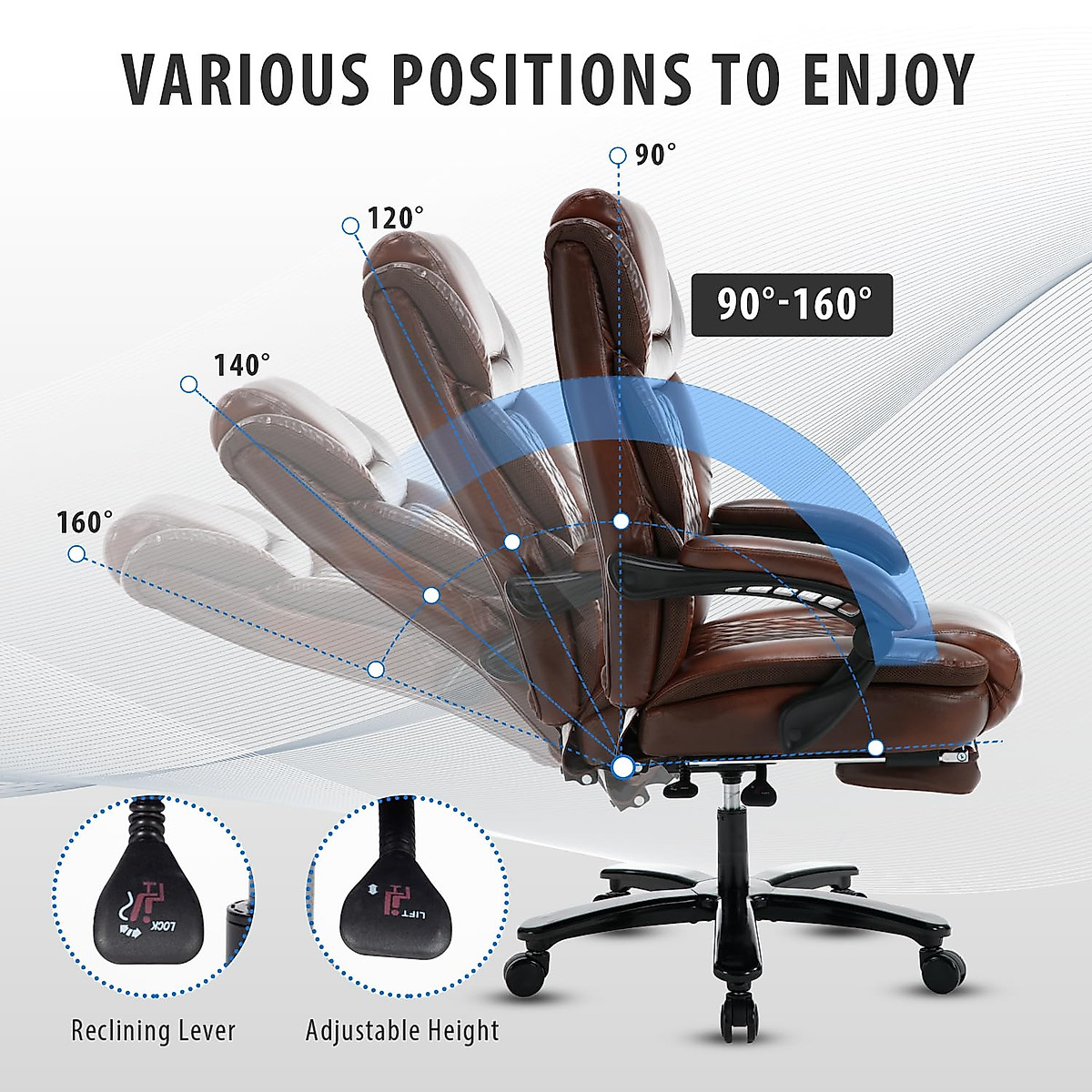 Comermax Big Tall Reclining Office Desk Chairs with Footrest Back Support Wide Seat PU Leather Ergonomic Recliner Managerial Executive Office Chair with Wheels Plus Size, Black Brown