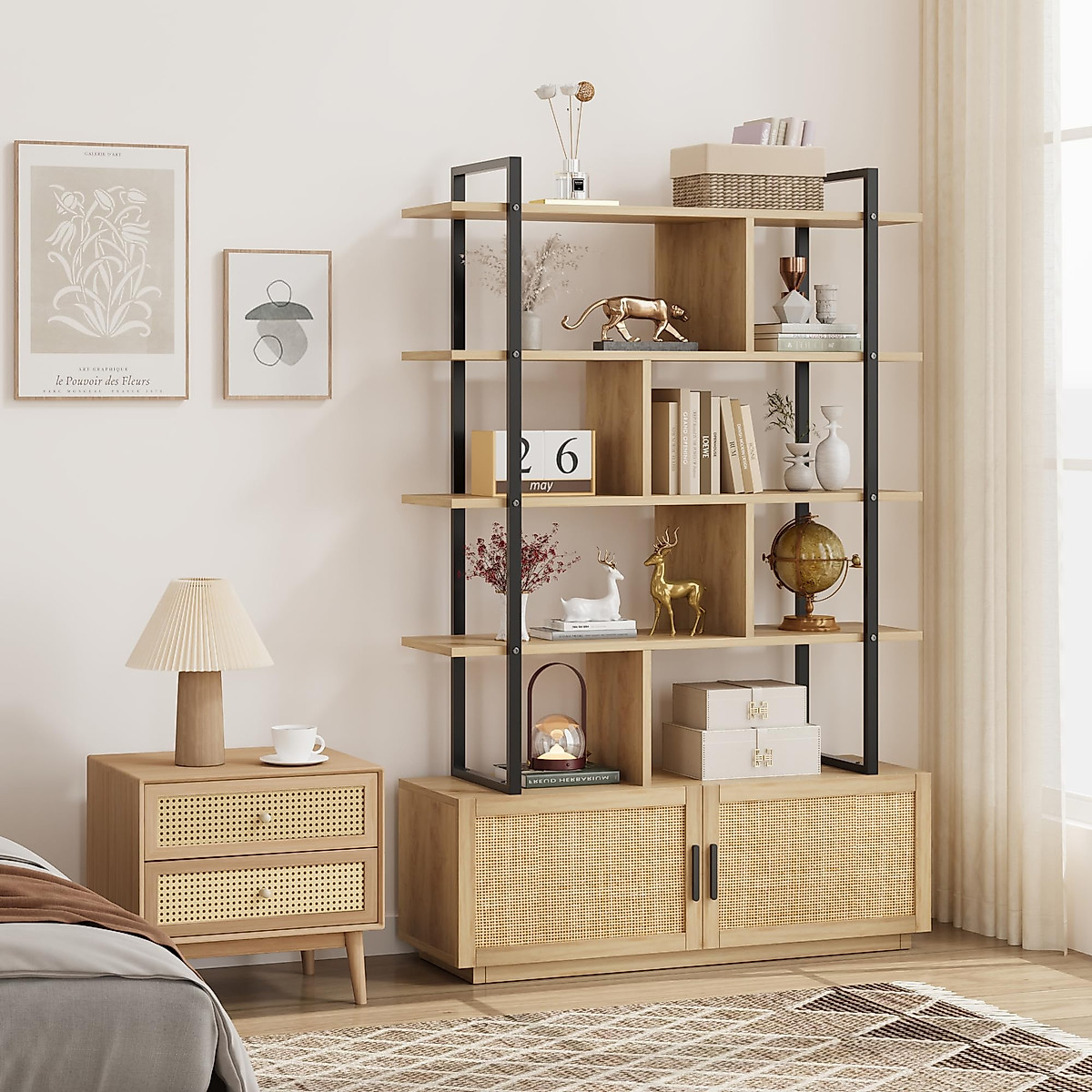 CABIHOME 5 Tier Rattan Bookshelf with Storage Cabinet & Door, 71.1 Inch Tall Industrial Book Shelf with Open Display Shelves, 5 Shelf Bookcase with Metal Frame for Living Room, Bedroom (Burlywood)