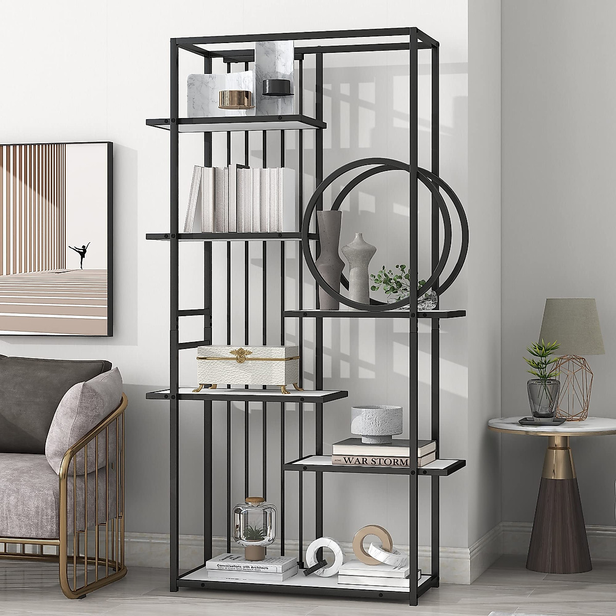 6-Tier Bookcase White Bookshelf, Modern Storage Display Shelf Rack, Metal Frame