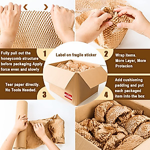 Honeycomb Packing Paper, 15" x 300' Recyclable Cushion Packing Paper for Moving Shipping Packaging Breakables, Eco Friendly Bubble Wrap Alternative Roll Kraft Honeycomb Paper with 20 Fragile Stickers