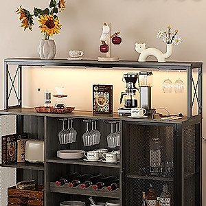 WASAGUN Liquor Cabinet Bar for Home, Wine Bar Cabinet with Rack and Holder, LED Bar Cabinet, Coffee Bar Cabinet with Storage, Liquor Alcohol Bar Cabinet, Grey
