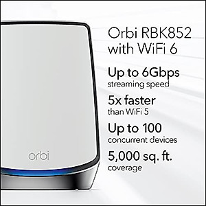 NETGEAR Orbi Whole Home Tri-band Mesh WiFi 6 System (RBK852) – Router with 1 Satellite Extender | Coverage up to 5,000 sq. ft., 100 Devices | AX6000 (Up to 6Gbps) , White