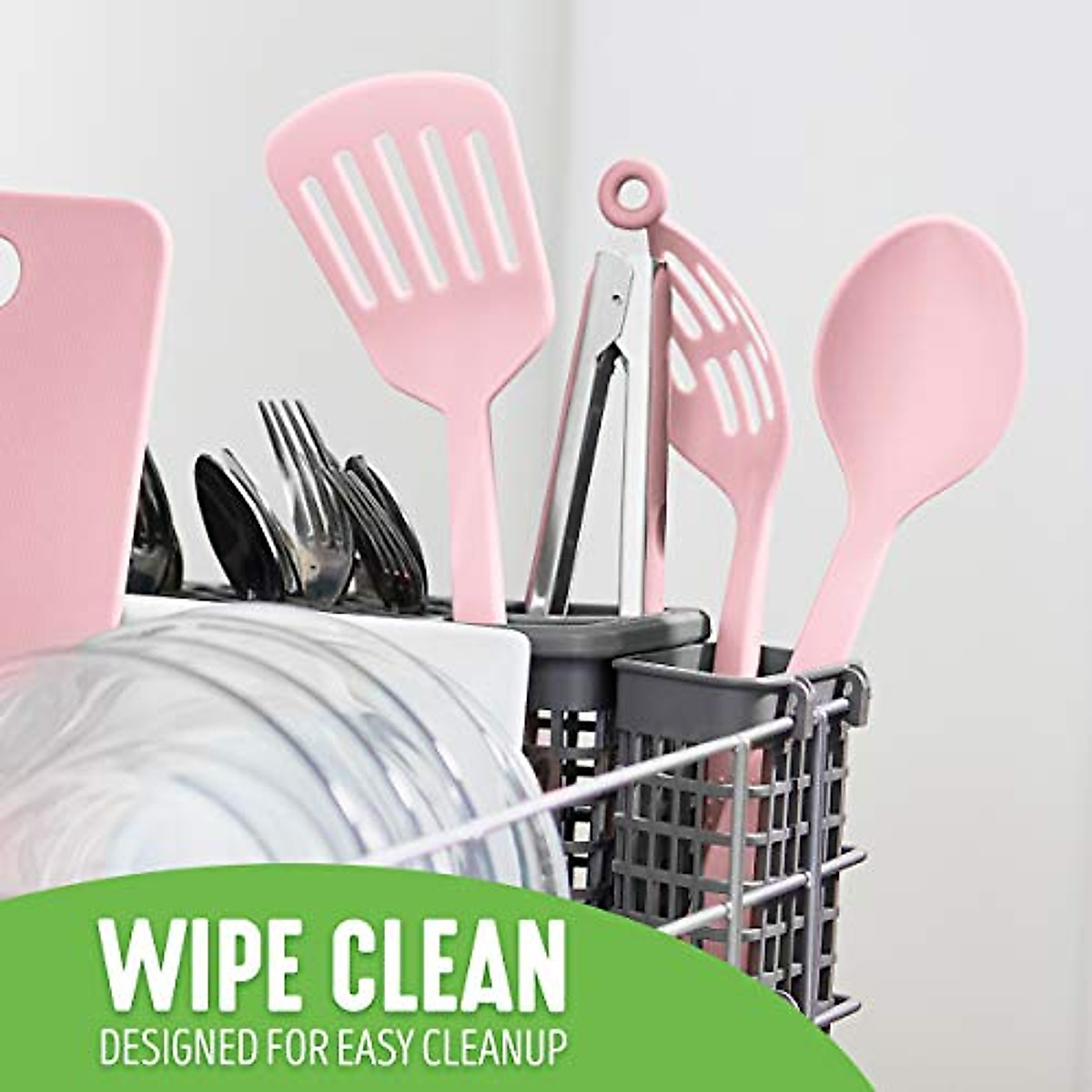 GreenLife Cooking Tools and Utensils, 7 Piece Nylon Set including Spatulas Turner Spoons and Tongs, Heat Resistant Spatula and Spoons, BPA-Free, Pink