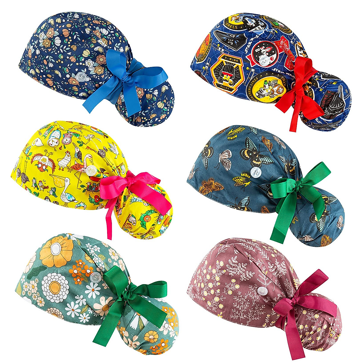 Scrub Caps Women Bouffant Scrub Hats Caps Nurses, Adjustable Working Cap Ponytail Pouch Tie Back Hats