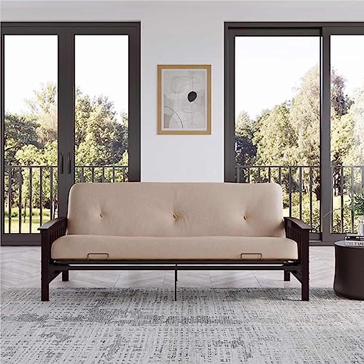 DHP Laurel Full Size Espresso Wood Arm Futon Frame with 6" Thermobonded High Density Polyester Fill Tan Microfiber Mattress