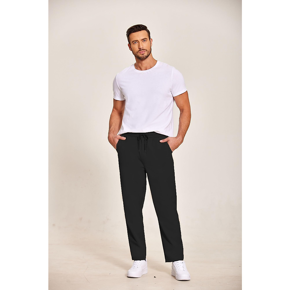 COOFANDY Men's Casual Drawstring Pants Regular Fit Elastic Waist Cotton Basic Straight Leg Cargo Pants Black