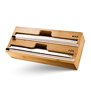 2 in 1 Wrap Dispenser with Cutter and Labels, Plastic Wrap, Aluminum Foil and Wax Paper Dispenser for Kitchen Drawer, Bamboo Roll Organizer Holder, Compatible with 12" Roll