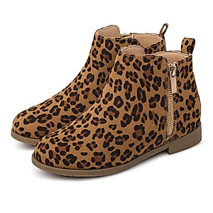 Harvest Land Girl Boots Kids Ankle Boots Warm Side Zipper Boots Low heel Short Booties Winter Snow Boots Anti-Slip Outdoor Shoes for Little Kids/Big Kids Leopard US1