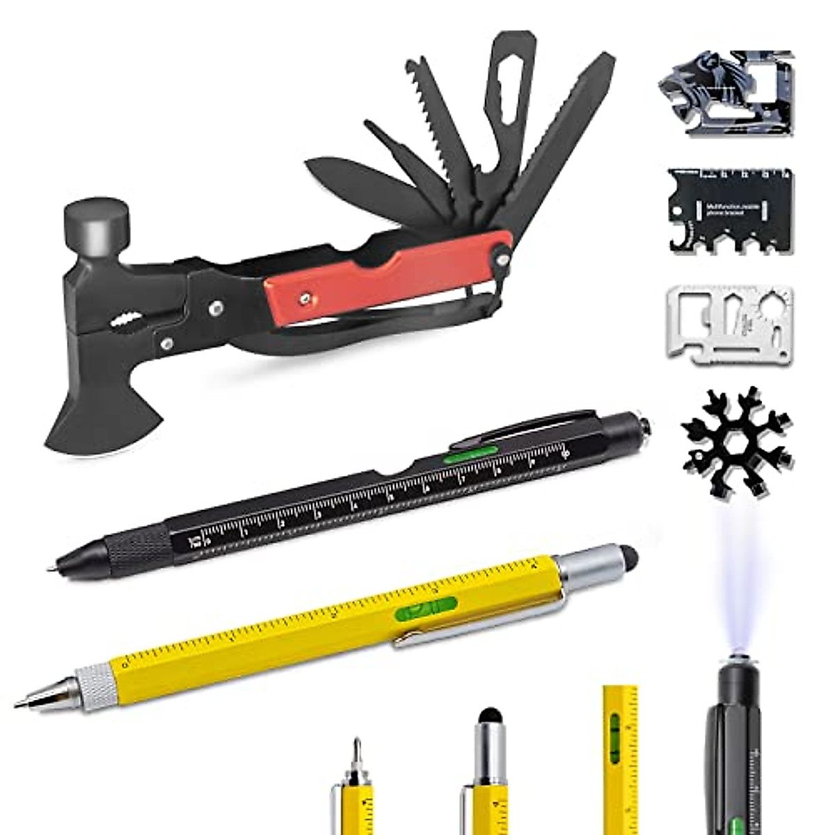 BCHARYA 7 Piece Multitool Set, 9-In-1 Multitool Pen Set, 16-in-1 Axe Multitool and Wallet Multi-Tool, Cool Gadgets Stocking Stuffers Gifts for Men, Portable Pocket Tools for Outdoors, Home Improvement