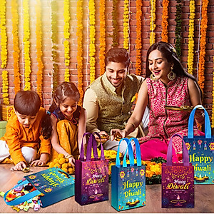 Windyun 48 Pcs Happy Diwali Gift Bags Non Woven Diwali Theme Party Gift Bag with Double Handles Diwali Favor Bags Tote for Diwali Festival of Lights Themed Party Treat Snacks Candy Favors Decorations