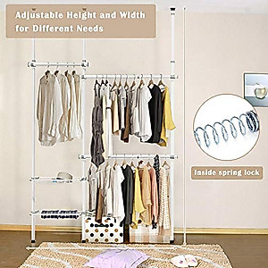 Tangkula Double 2 Tier Adjustable Closet System, Floor to Ceiling Clothes Hanger with 2 Storage Baskets & Inner Spring, Clothing Garment Rack Telescopic Closet Organizer for Living Room, Bedroom
