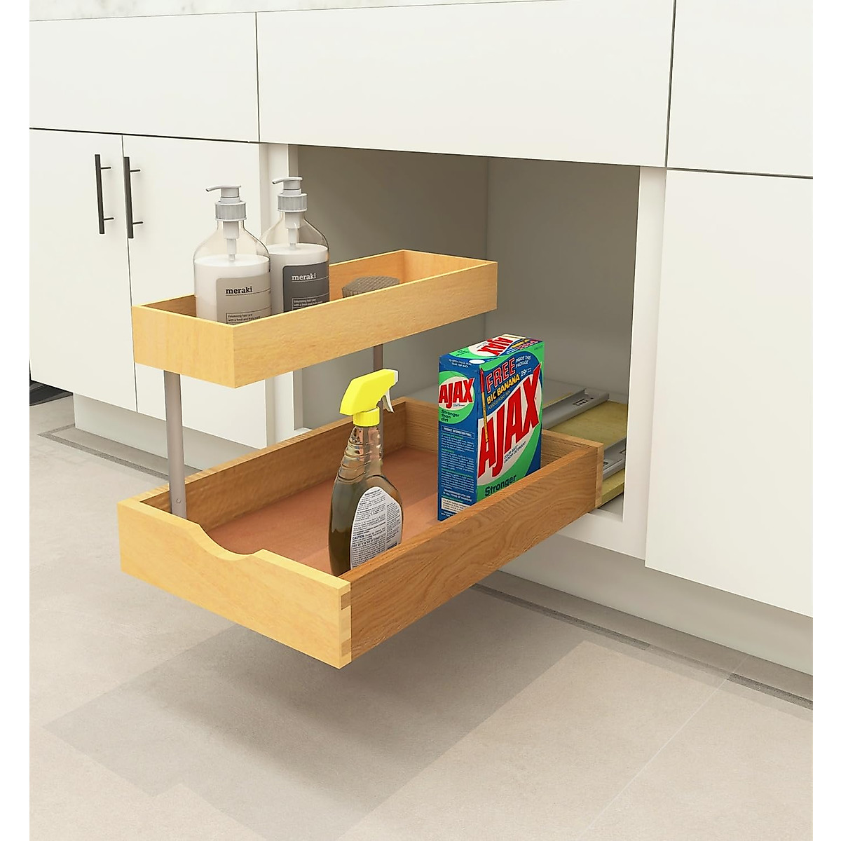 2 Tier Pull Out Organizer Shelf Sliding Drawer Storage for Kitchen Bathroom Storage Cabinet Under Sink Slide Out Shelf Organizing Storage Pull-Out Cabinet Organizer Roll Out Drawer (12'' Width)