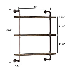 Helsin 3 Tier Industrial Pipe Shelf Rustic Wood Floating Shelves,Wall Display Bookshelf,Storage Rack Sundries Holder for Kitchen Office Bathroom Organization and Home Decor (24inch)