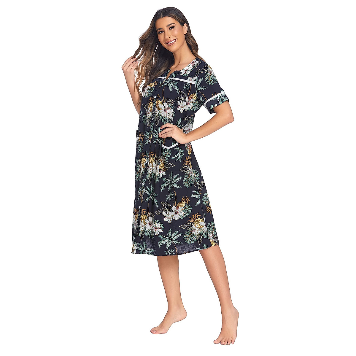 Ekouaer House Dress for Women with Pockets Button Front Duster Housecoat Short Sleeve Nightgown Dress Floral Woven Lounger Robe, Navy, Large