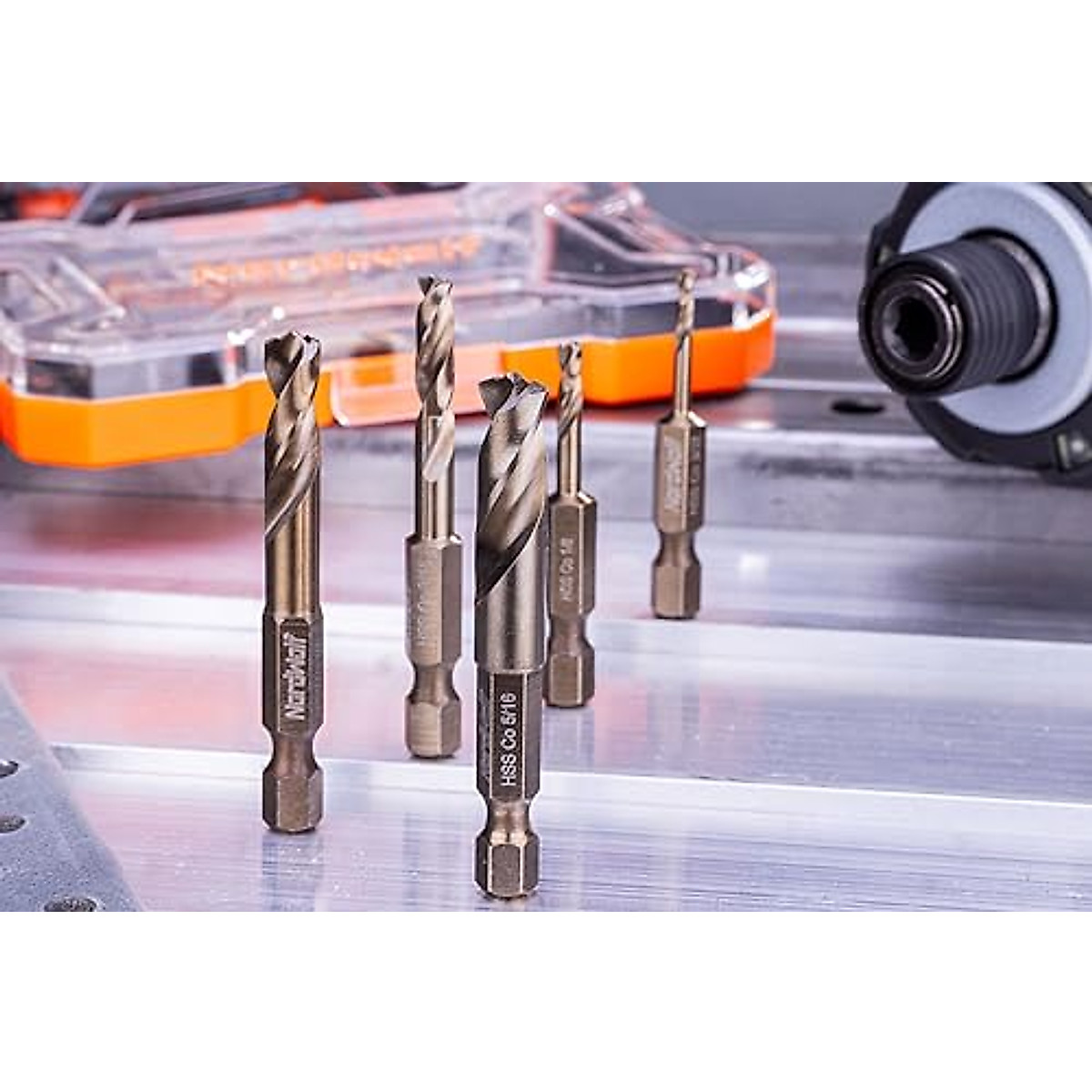 NordWolf 5-Piece M35 Cobalt Stubby Drill Bit Set for Stainless Steel & Hard Metals, with 1/4" Hex Shank for Quick Chucks & Impact Drivers, SAE Sizes 3/32"-1/8"-3/16"-1/4"-5/16" in Storage Case