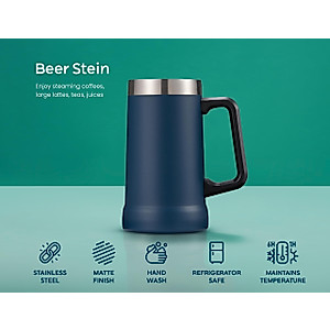 KooK Beer Stein, Stainless Steel Coffee Mug, Tumbler with Thermal Vacuum Insulation, Big Grip, Adventure, Double Walled Drinking Cup, Large Handle, Shatterproof, Navy Blue, 24 oz