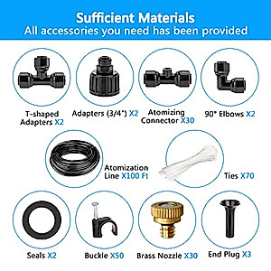 Misting Systems, Misters for Outside Patio, 100 FT Misting Cooling System + 30 Sets Brass Mister System + 2 PE Antioxidant Adapters(3/4")+ 2 Tee Adapters + 2 90 Degree Elbows and （Additional Accessories）for Pasture, Garden, Greenhouse, Gazebo.