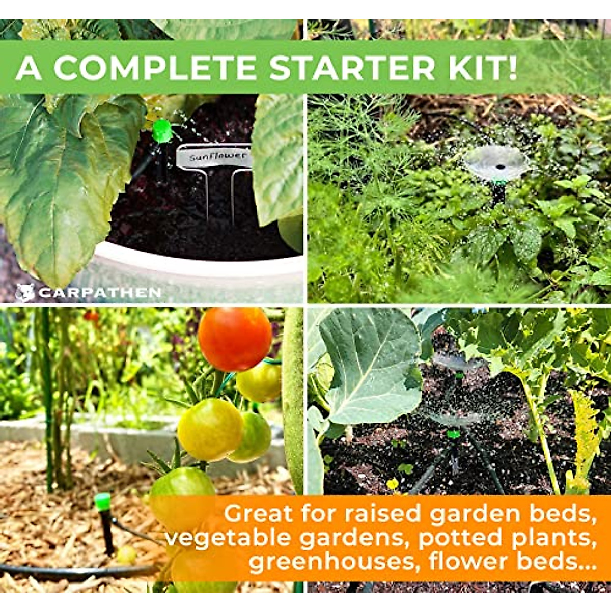 CARPATHEN Drip Irrigation Kit - Adjustable Premium Garden Watering System for Raised Garden Bed, Yard, Lawn or Indoor - Complete Irrigation System with Drip Emitters, 1/4 Tubing and Drip Connectors